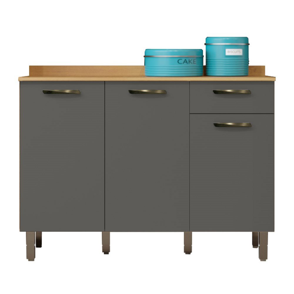 Balcão Multiuso de Cozinha com Tampo 03 Portas e 01 Gaveta 120 cm Zafira Cinamomo/Grafite 40988 ...