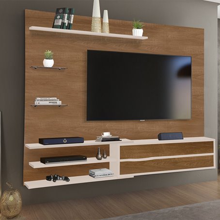 Painel para TV até 60" 01 Porta Basculante e 02 Prateleiras de Vidro Verona Mel/Off White Fosco ...