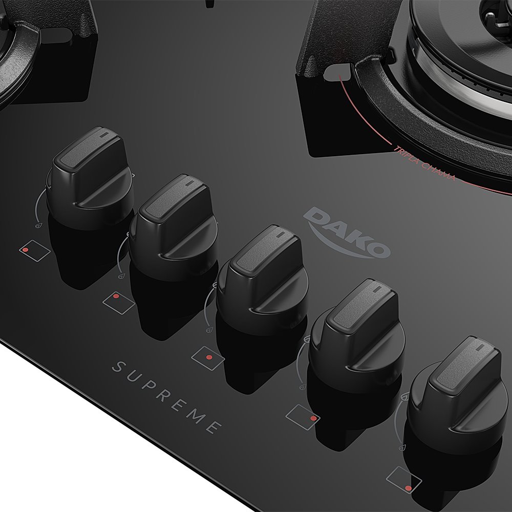 Cooktop 5 Bocas a Gás Dako Supreme com Queimador Tripla Chama e Mesa de Vidro Temperado Preto ...