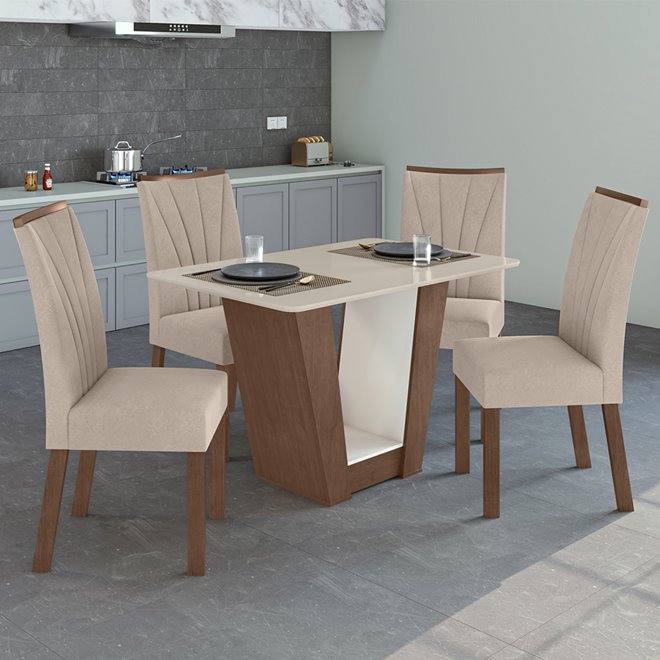 Conjunto Sala de Jantar Mesa e 04 Cadeiras Apogeu Imbuia Clean/Off White/Veludo Naturale Creme ...